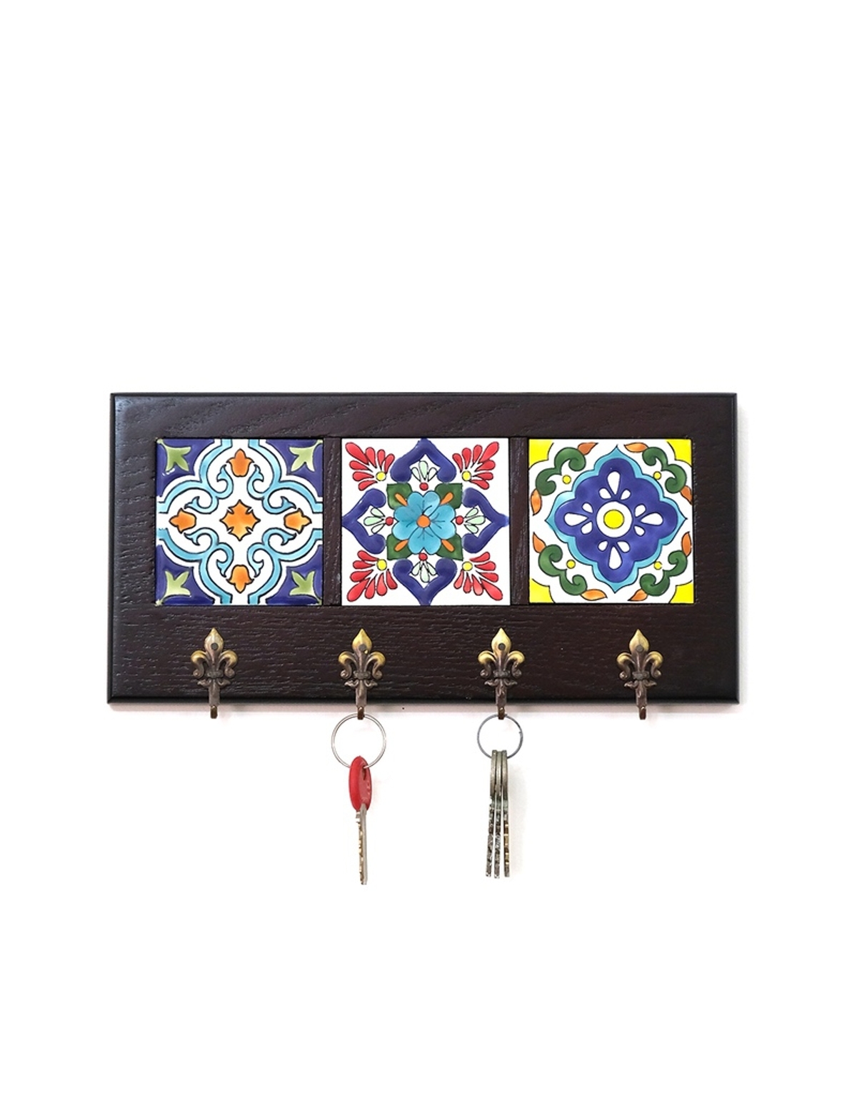 Decorative Key Hanger with Handpainted Ceramics (Dark Wood) - Souq Fann