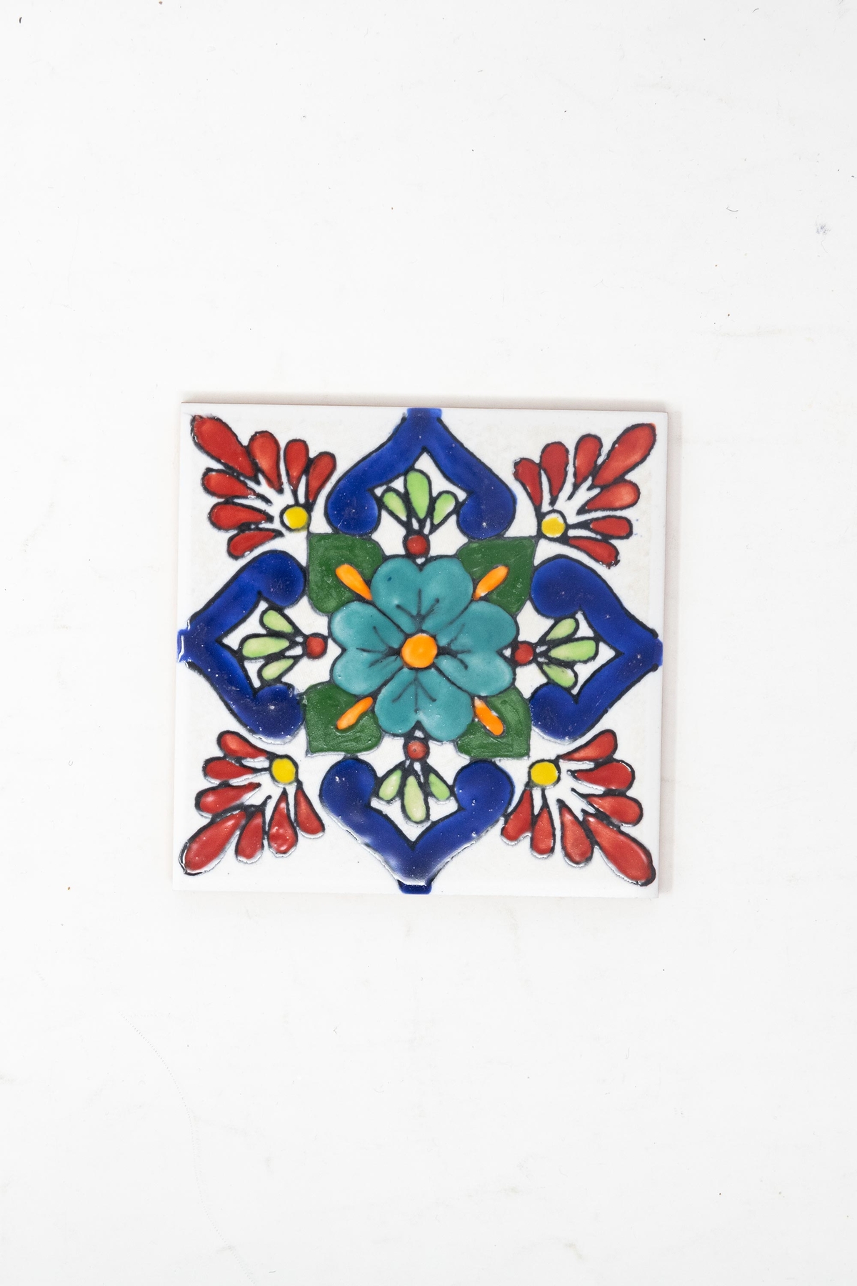 Decorative Ceramic Tile - Floral Design in Red & Blue - Souq Fann