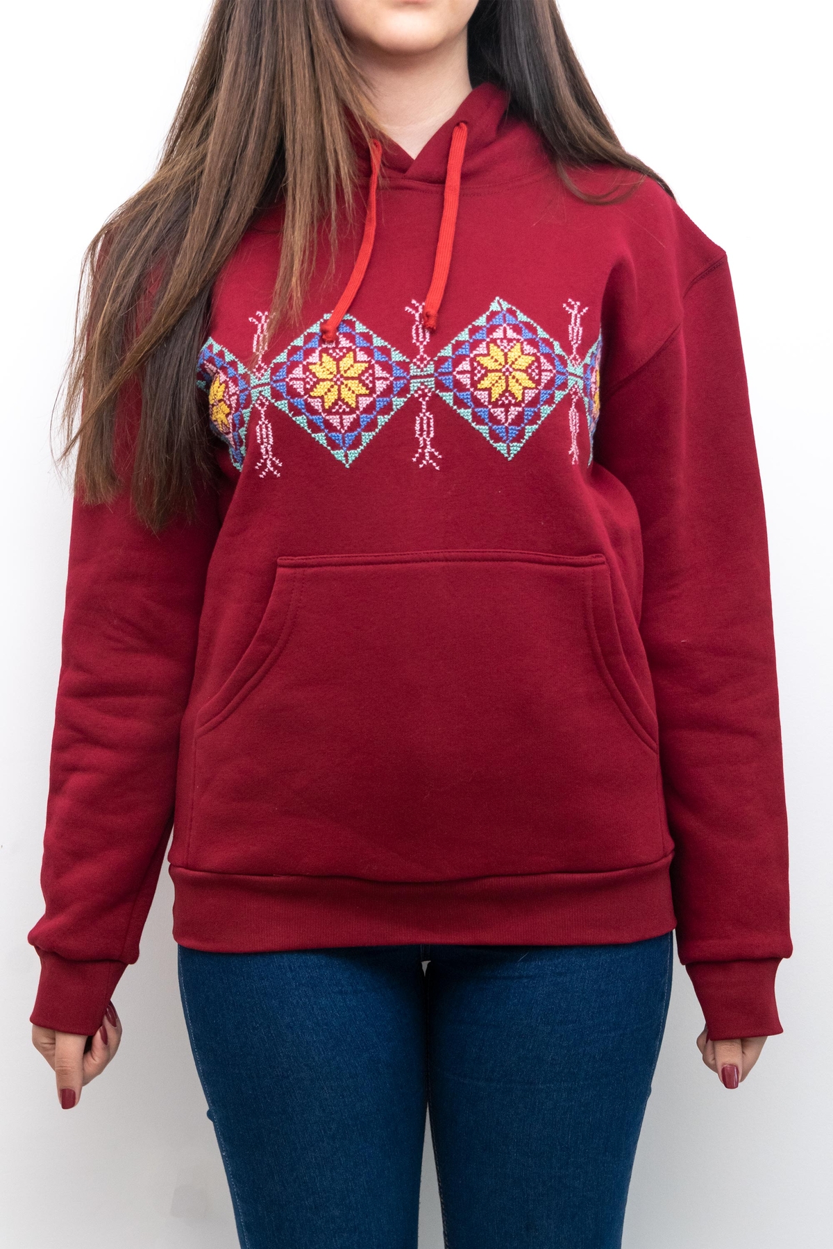 Dark Red Embroidered Hoodie - XL - Souq Fann