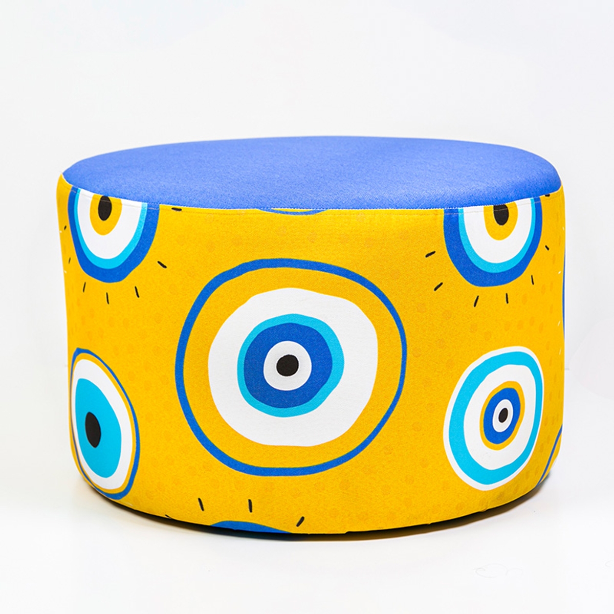 Large Round Ottoman Pouf in Yellow Color Decorated With Blue Eyes ...