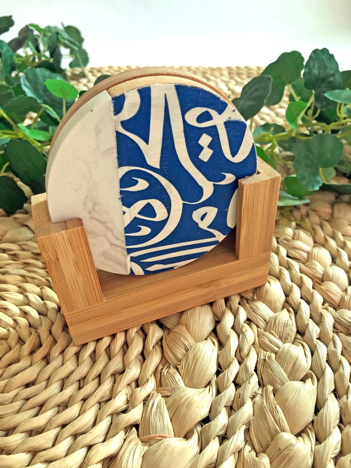 Two-Piece Blue Coaster Set with Wooden Base - Decorated with Arabic ...