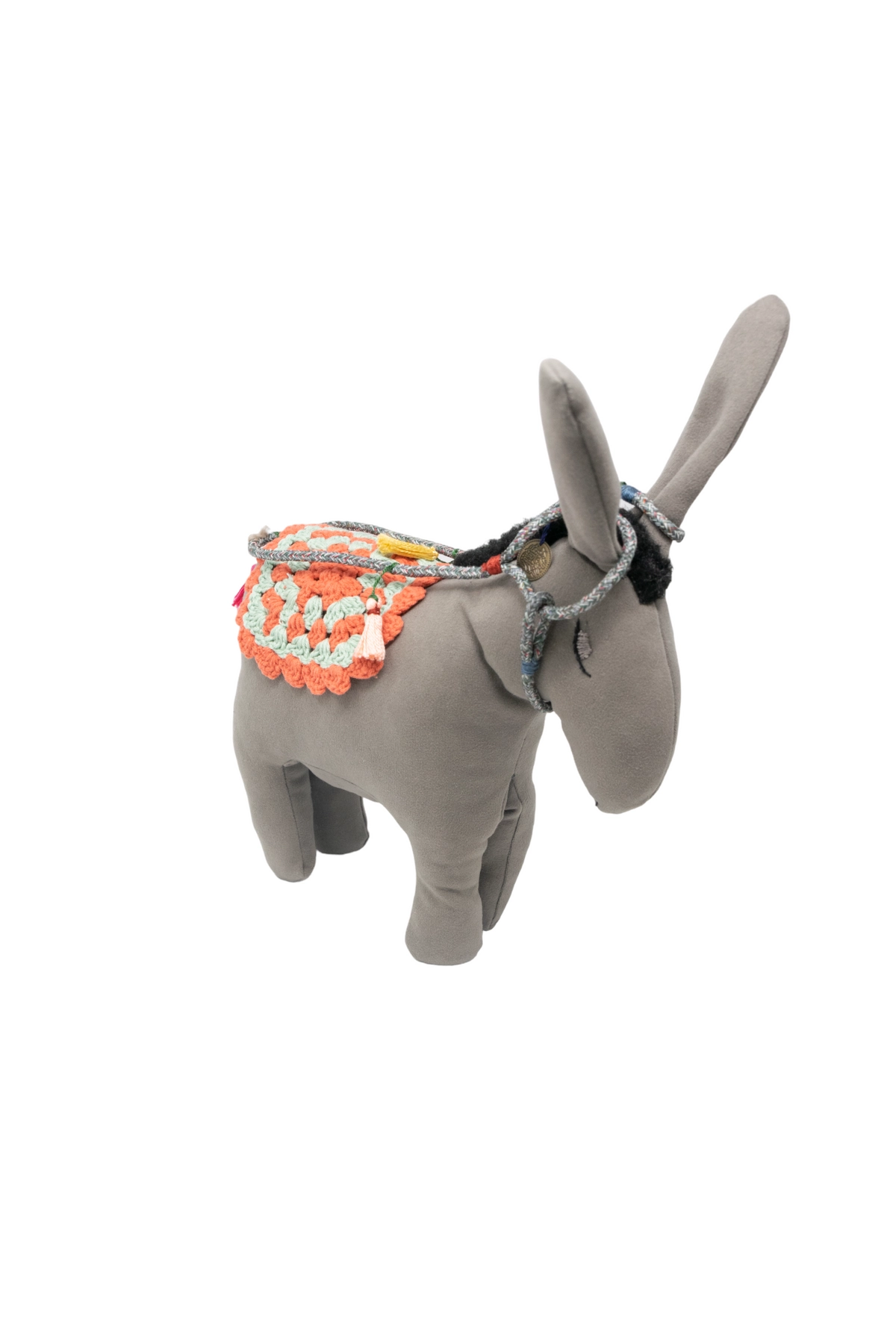 Decorative Stuffed Gray Donkey - Green and Orange Saddle - Souq Fann