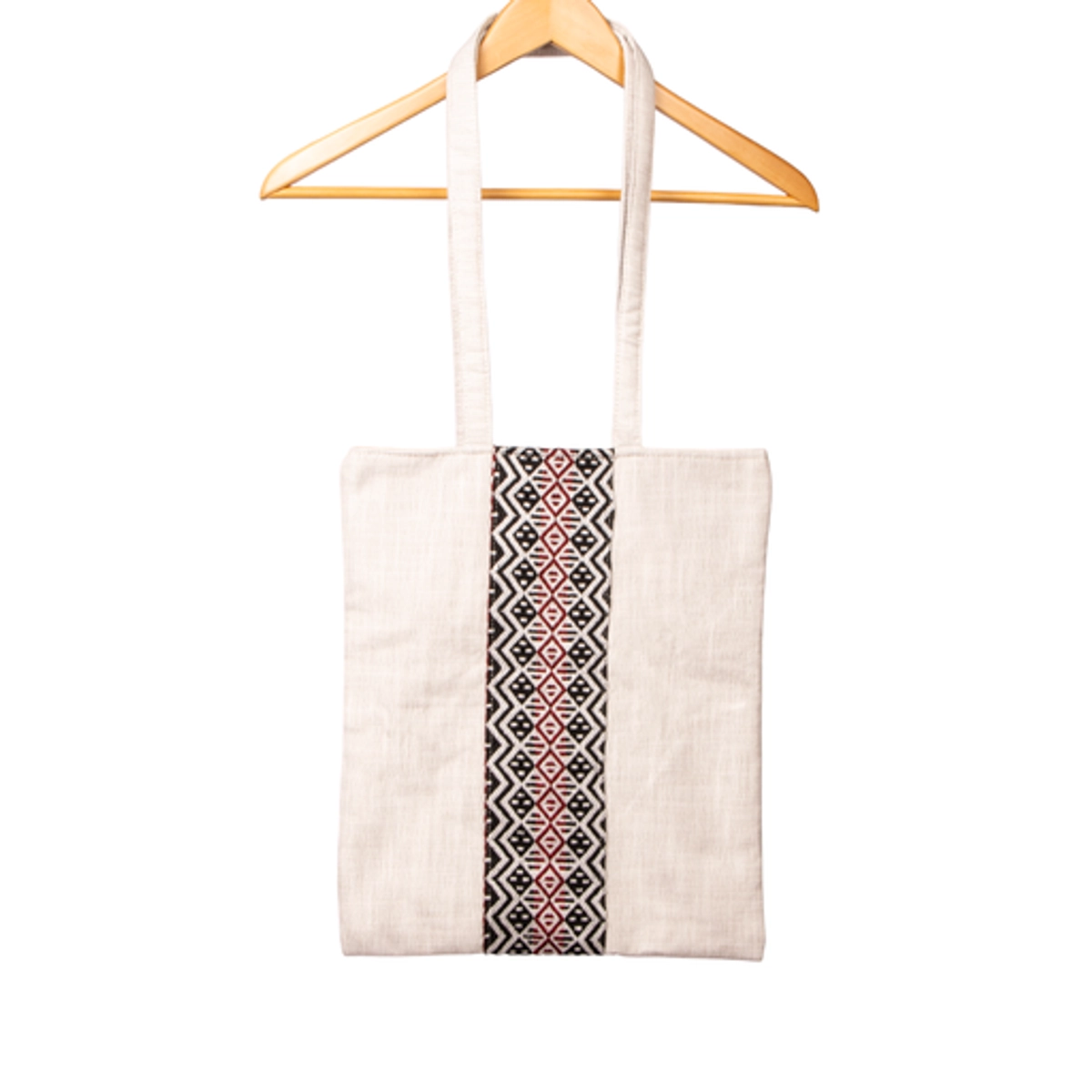 Beige Rectangular Canvas Tote Bag Embroidered with Black and Red ...
